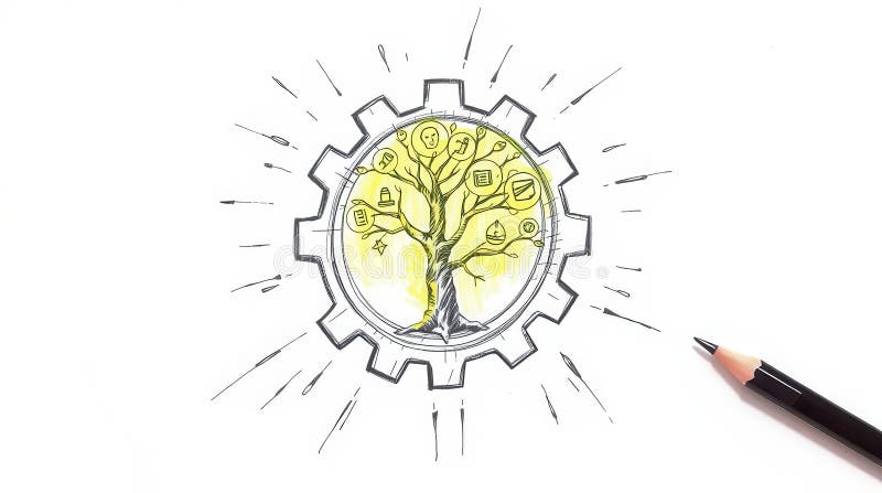 Innovation Tree Sketch Inside a Gear Symbolizing Growth and Ideas in a ...