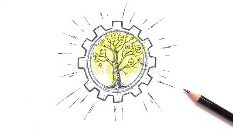 Innovation Tree Sketch Inside a Gear Symbolizing Growth and Ideas in a ...