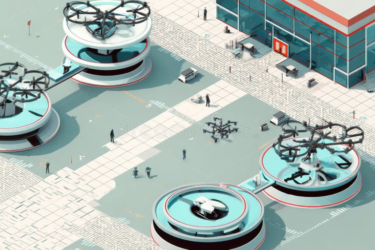 Futuristic Isometric Airport Features Autonomous Drones and Hub ...