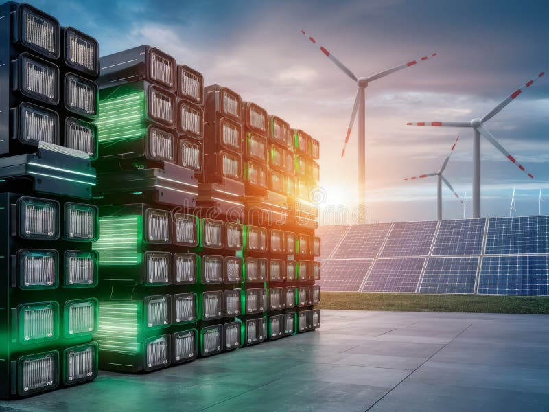 Innovative Battery Storage with Solar Panels and Wind Turbines Stock ...