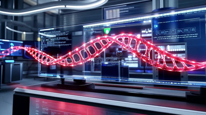 Biocomputer Technology Showcasing Glowing DNA Strands in a Futuristic ...