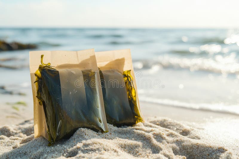 Innovative Biodegradable Packaging Made from Seaweed on a Sandy Beach ...