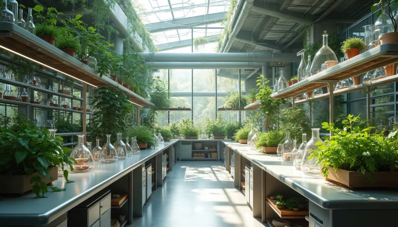 Innovative Biomimicry Research Facility with Green Plants, Glass Flasks. Engineers Study ...