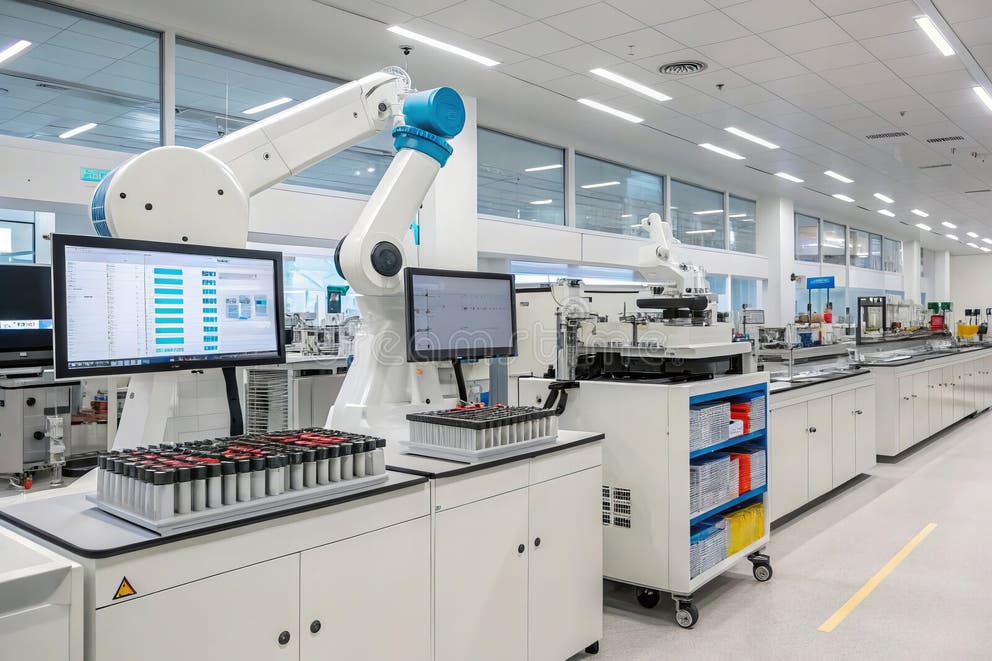 Innovative Biotechnology Lab Featuring Robotic Arms and Advanced ...