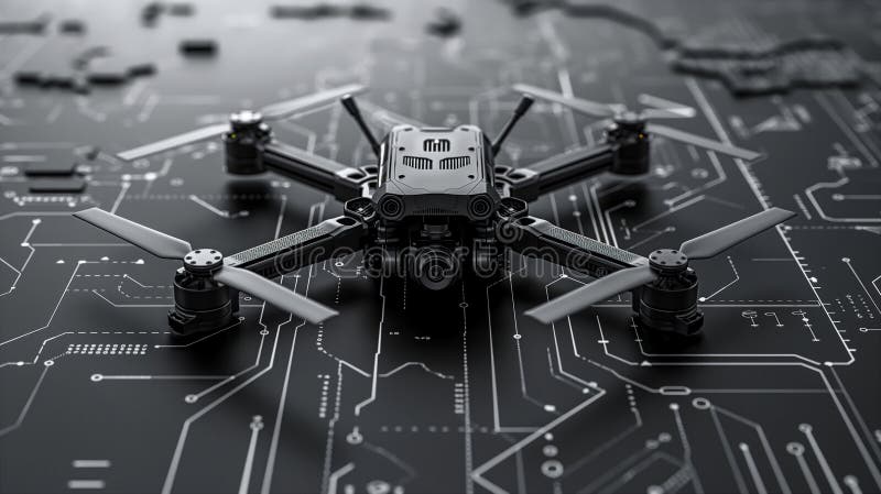 Innovative Black Drone Design with Sleek White Pattern on Dark Backdrop ...