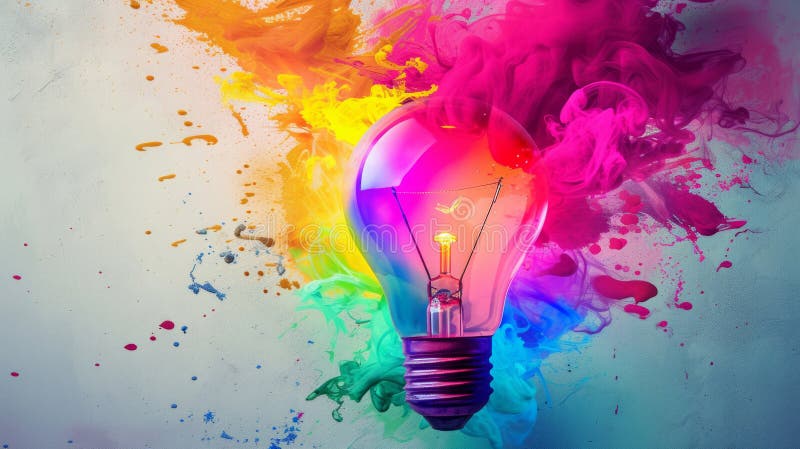 Innovative Blast: Vibrant Paint Splatter from Bulb. Creative Colored ...