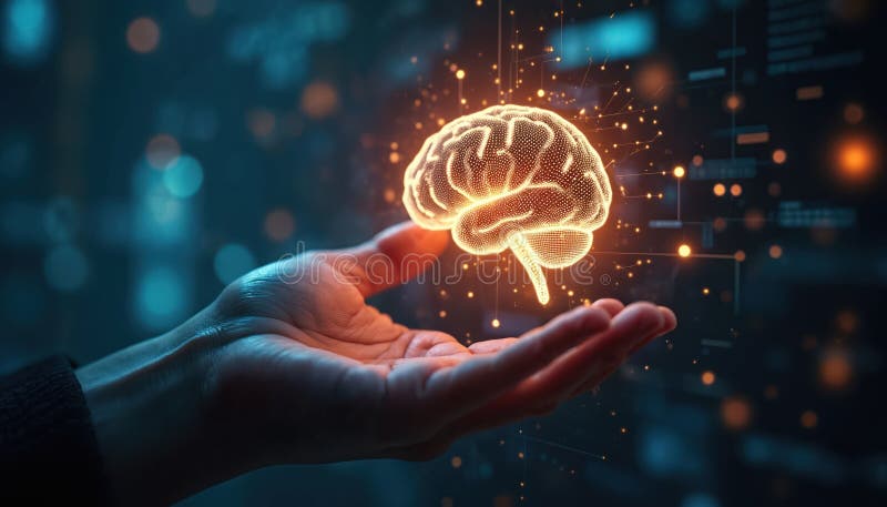 Innovative Brain-computer Interface Technology Concept. Hand Holds Glowing Digital Brain ...