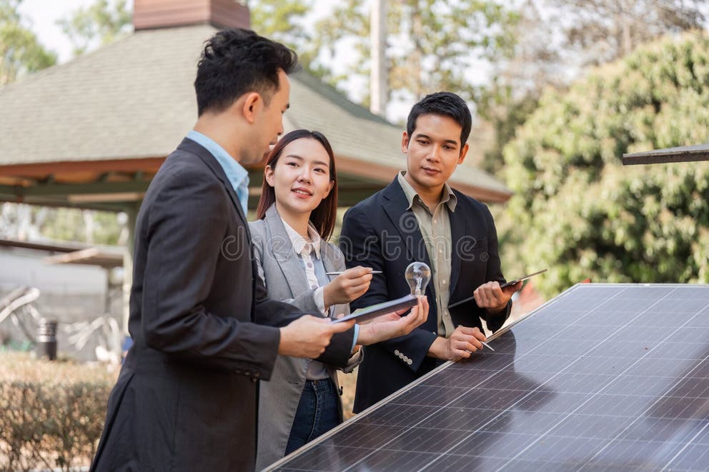 Innovative Business Teamwork. Professionals Evaluating Solar Panel ...