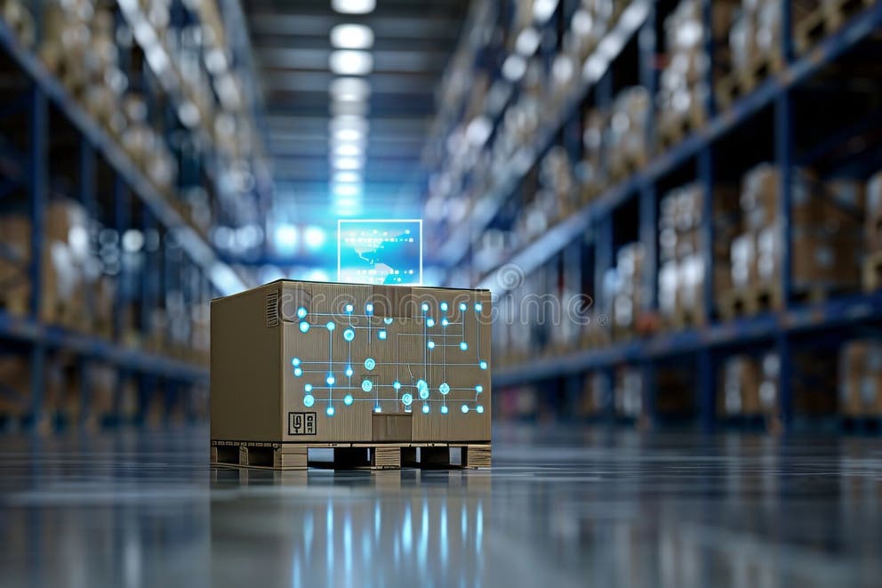 Innovative Cargo Logistics Concept with Hologram and Light Beams in ...