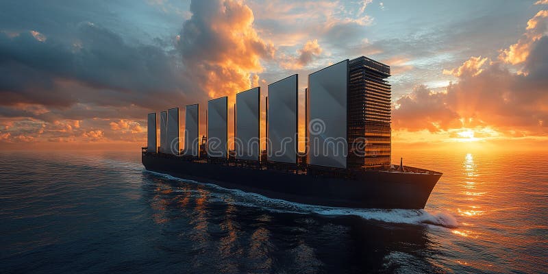 Innovative Cargo Ship Sailing Across the Ocean during a Vibrant Sunset ...