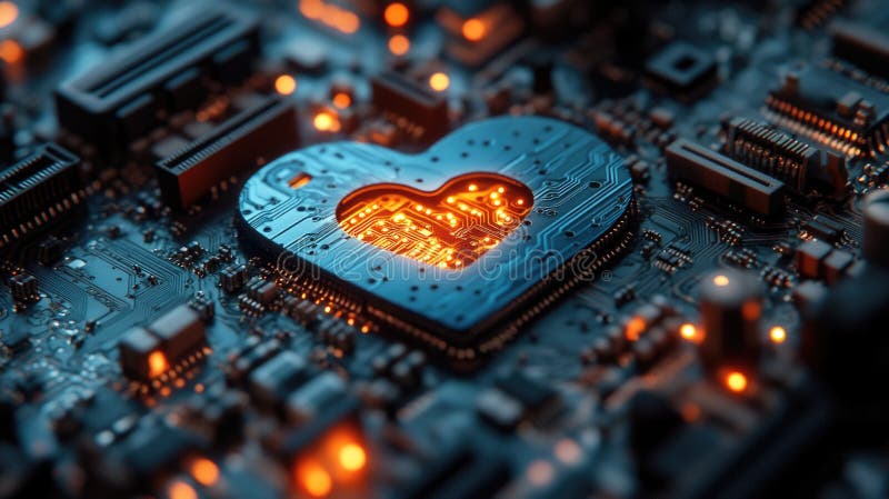 Innovative Circuit Board with Heart Design and Glowing Orange Accents ...