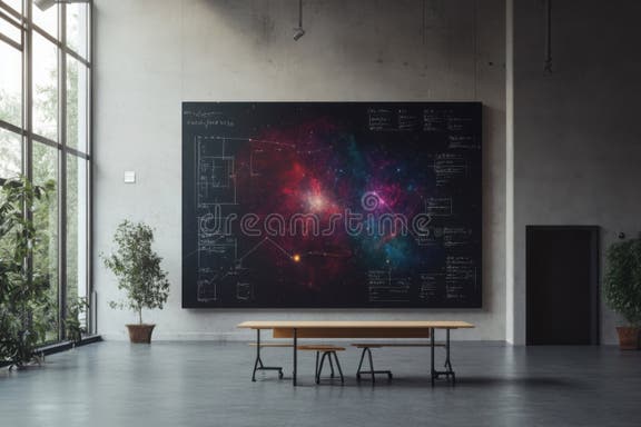 Innovative Classroom with Cosmic Formulas Displayed on a Large ...