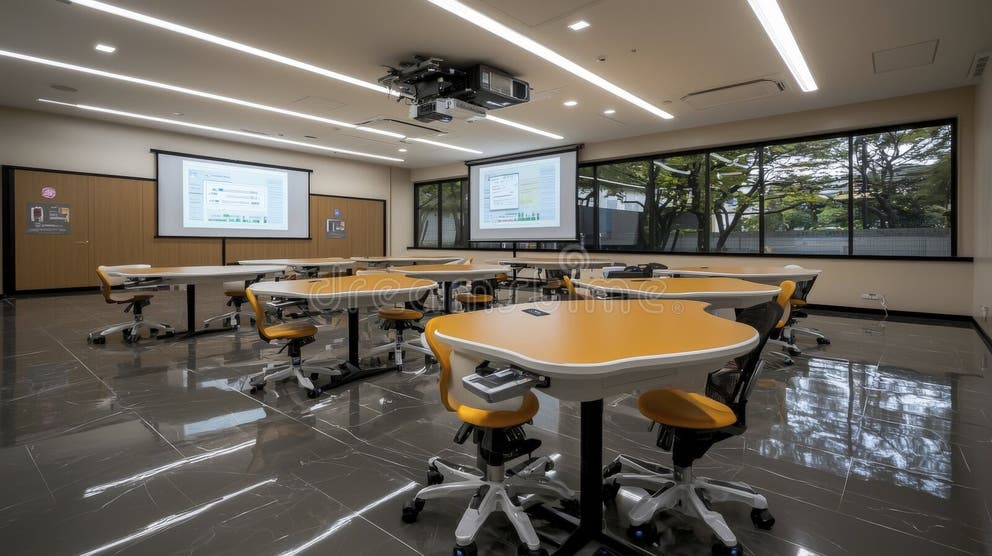 Innovative Classroom Design with Adjustable Smart Desks Modern School ...