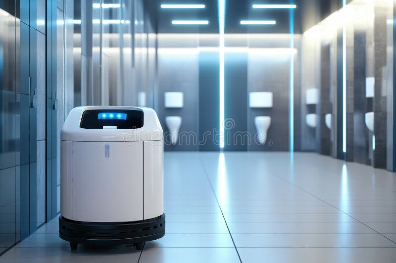 Innovative Cleaning Robot in a Modern Restroom Setting at Night Stock ...