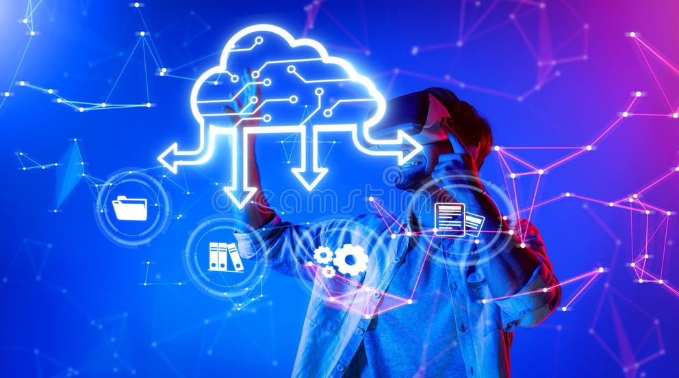 Innovative Cloud Computing Technology Concept with Virtual Reality User Interacting with Digital ...