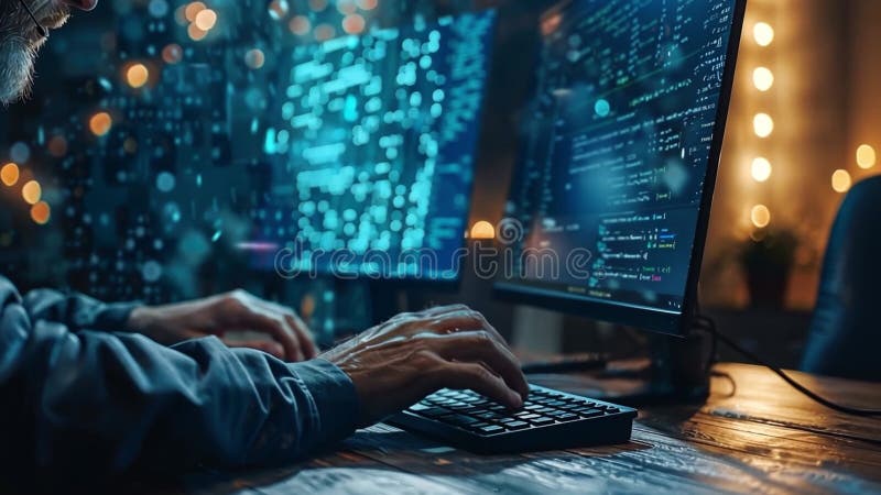 Innovative Coder Working Late in a Modern Workspace Illuminated by Digital Screens Stock Video ...