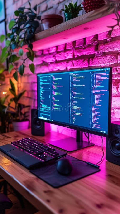 Innovative Coding Workspace with Vibrant Lighting and Modern Technology ...