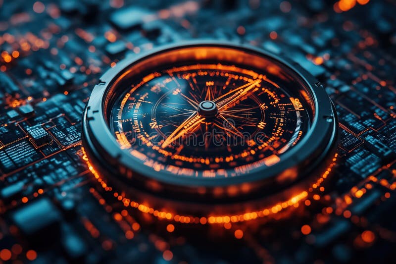 Innovative Compass Design on a Digital Circuit Board at Night Stock ...