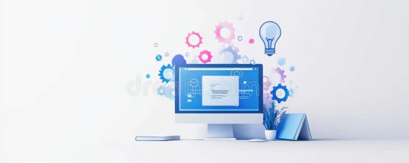 Innovative Computer Screen with Creative Icons and Symbols Floating in ...