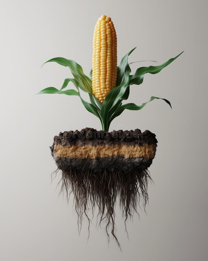Innovative Concept Showcasing Floating Corn Plant with Detailed Root ...