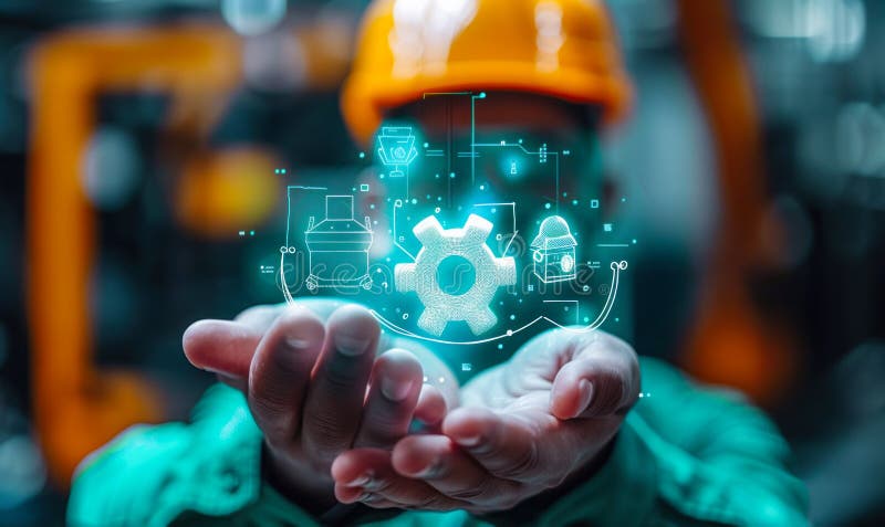 Innovative Concept of Work Safety Standards Displayed As a Virtual Gear with Hard Hat Symbol ...