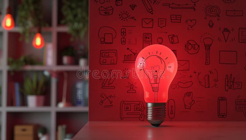 Innovative Creative Workspace with Red Light Bulb, Drawings, and Modern ...