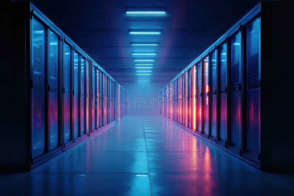 Innovative Data Center Corridor Featuring Vibrant Neon Lighting and ...