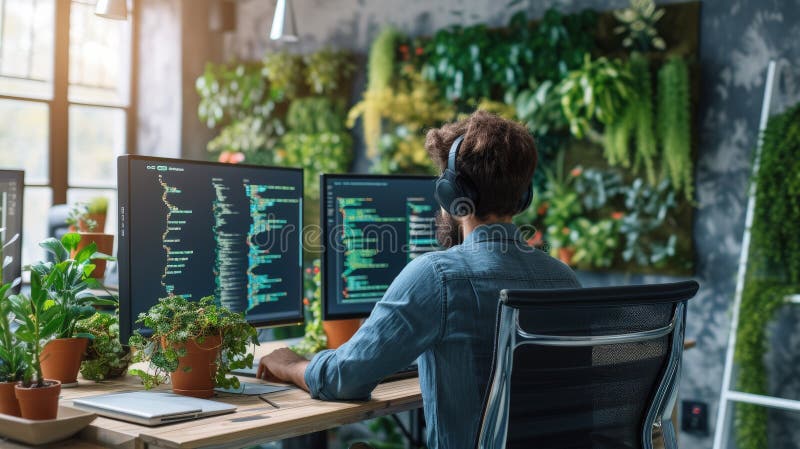 Eco Friendly Green Tech Startup Office Lush Plants Design Stock Photos ...