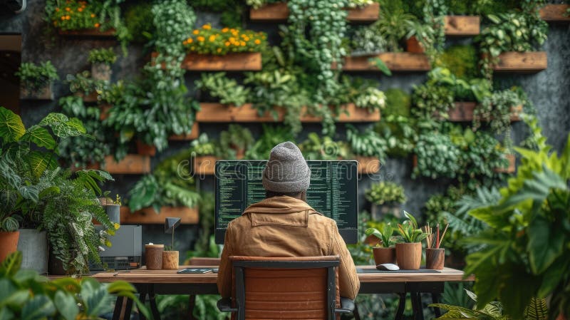 Innovative Developer Engages with Modern Technology in Green Office ...