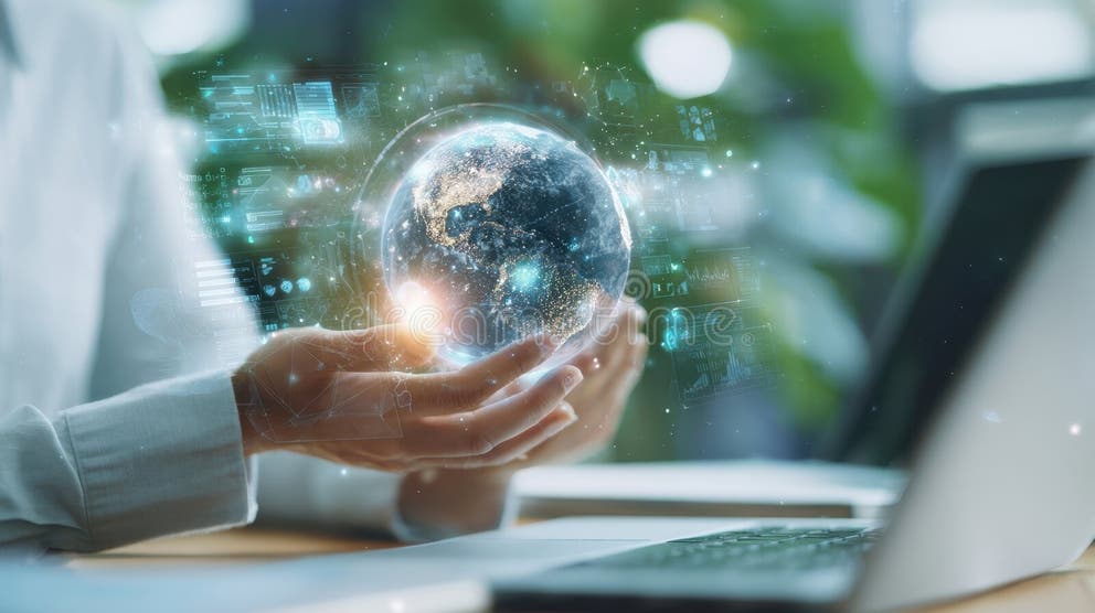 The Innovative Digital Globe Held in Hands Demonstrating Technological ...