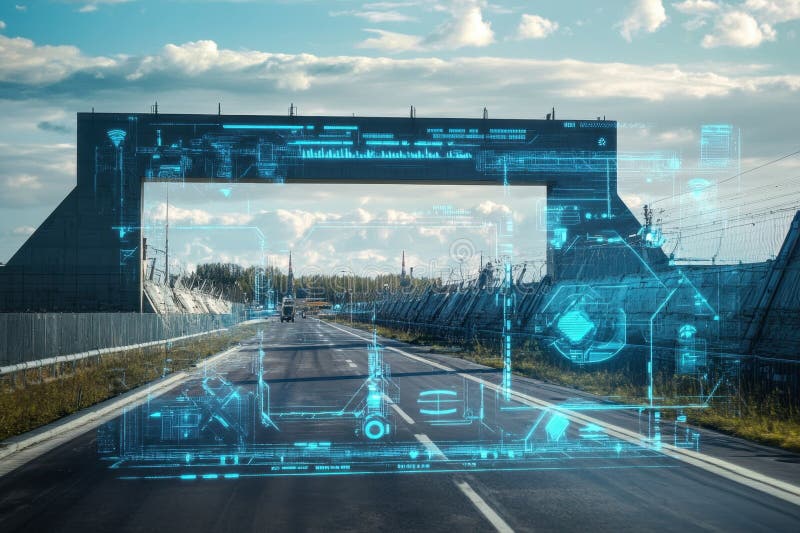Innovative Digital Interface Overlays on a Road with Futuristic ...
