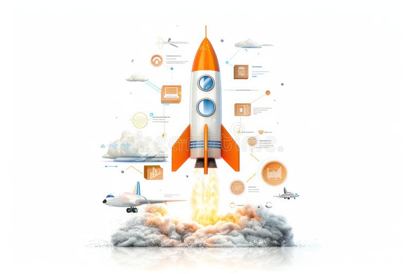 Innovative Digital Rocket Ship Surrounded by Glowing Tech Icons and ...