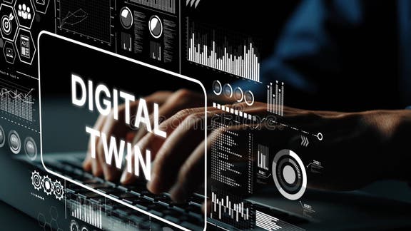 Innovative Digital Twin Technology Concept with Hands on Keyboard and ...