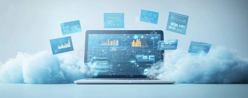 Innovative Digital Workspace with Flying Documents and Laptop ...