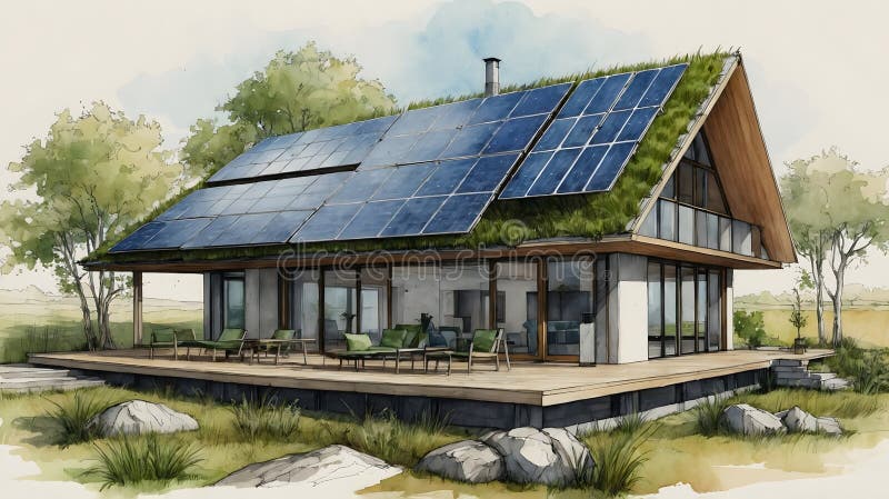 Innovative Drawing of an Eco-Friendly Home Featuring Sustainable ...