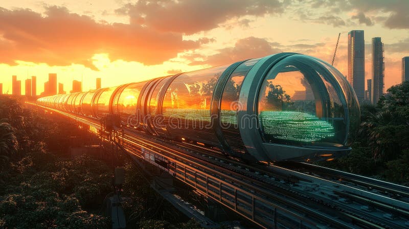 Innovative Electric Train at Sunset with City Skyline View Stock ...