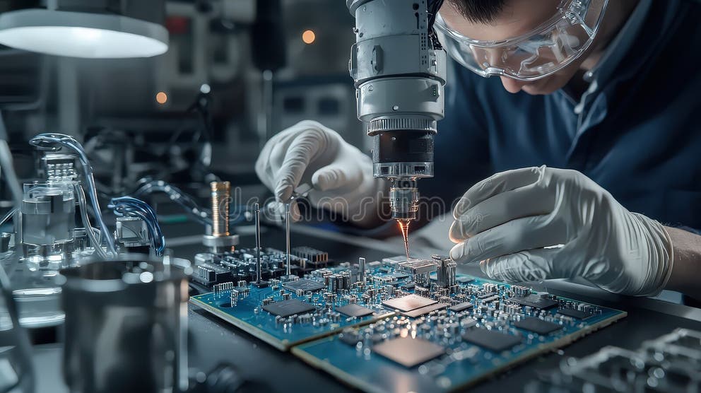 Innovative Electronics Assembly Process Laboratory Technical Work Indoor Environment Close-up ...