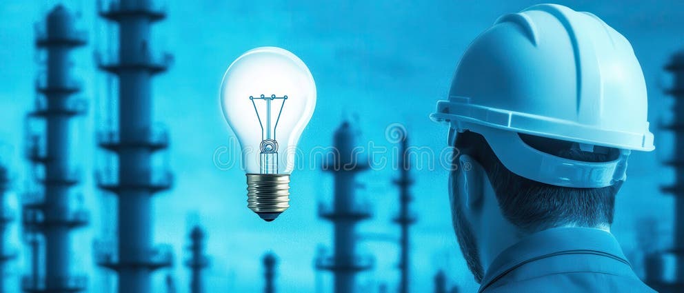 Innovative Energy Solutions Engineer Contemplating Bright Ideas in Refinery Setting Stock ...