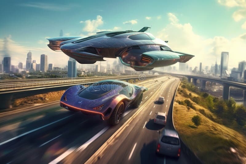 Innovative Flying Car Hovering Above Highway Stock Illustration ...