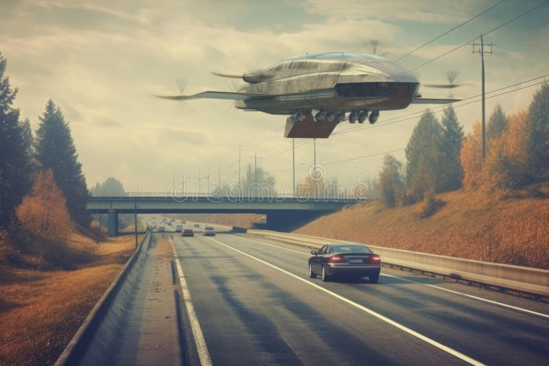 Innovative Flying Car Hovering Above Highway Stock Illustration ...