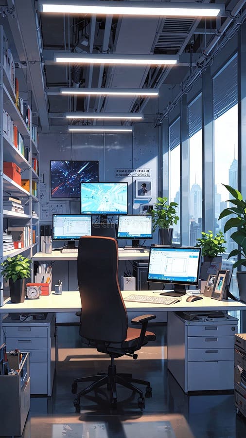 Innovative Future Tech Office Scene with Anime Characters Using ...