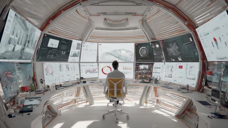 An Innovative Futuristic Command Center with Multiple Screens Displaying Data, Charts, and ...