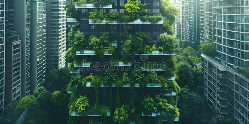 Innovative Green Architecture with Dense Plant Life on Skyscraper ...
