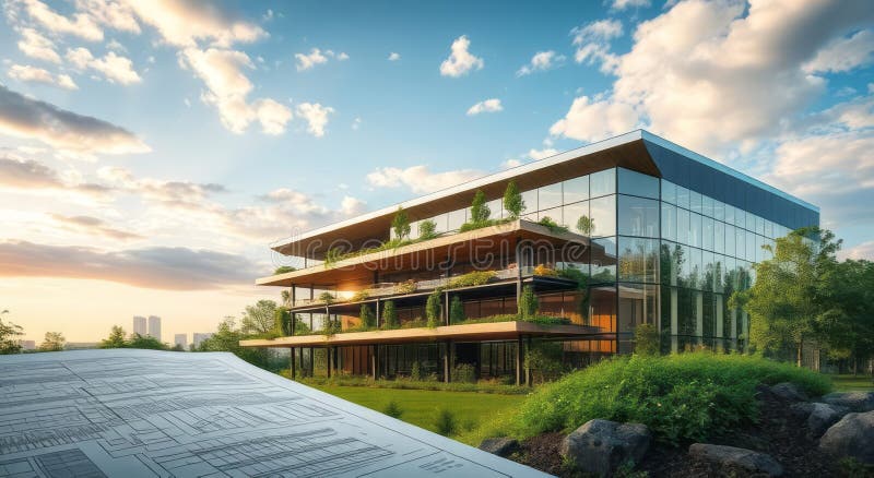Innovative Green Building Design Displayed on Blueprints Highlighting ...