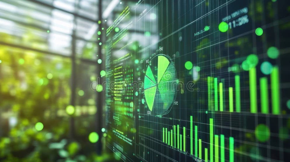Innovative Green Business Analytics Displaying Pie Charts and Bar Graphs with Code Stock Image ...