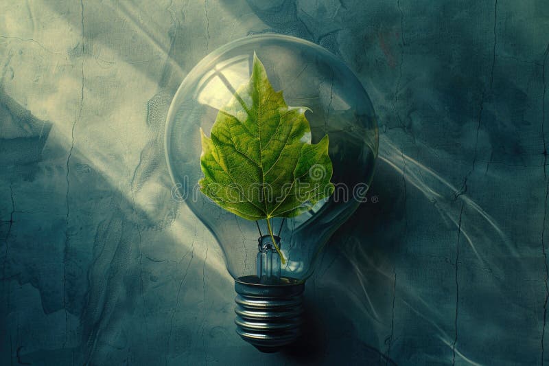 Innovative Green Energy Concept, Leaf Inside Light Bulb on Textured ...