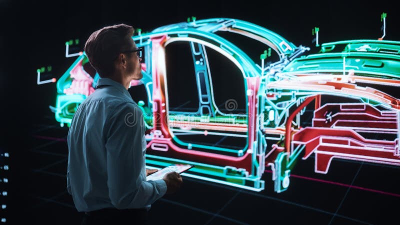 Innovative Green Energy Startup: Engineer Designing Electric Car Using ...