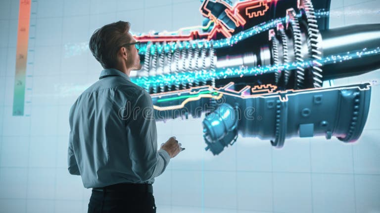 Innovative Green Energy Startup: Engineer Designing Engine Using Tablet Computer and Big Wall ...