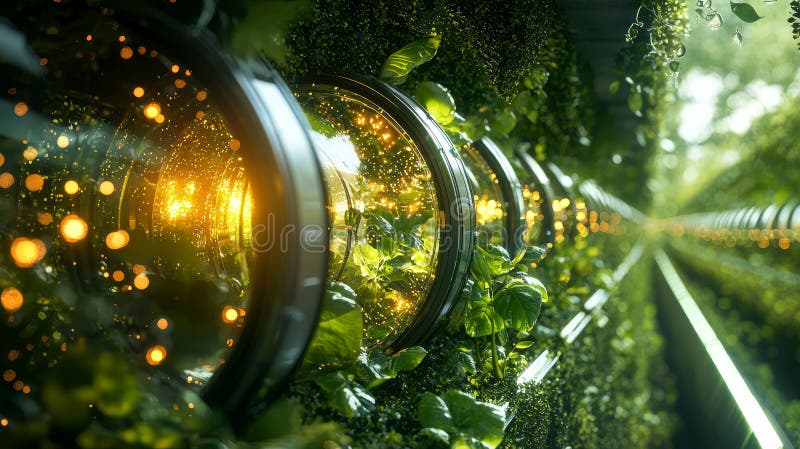 Innovative Green Power with Glowing Solar Panels and Plants Stock ...