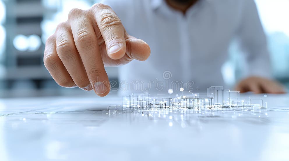 Innovative Hand Gesturing Over Digital Model in Modern Workspace Stock ...